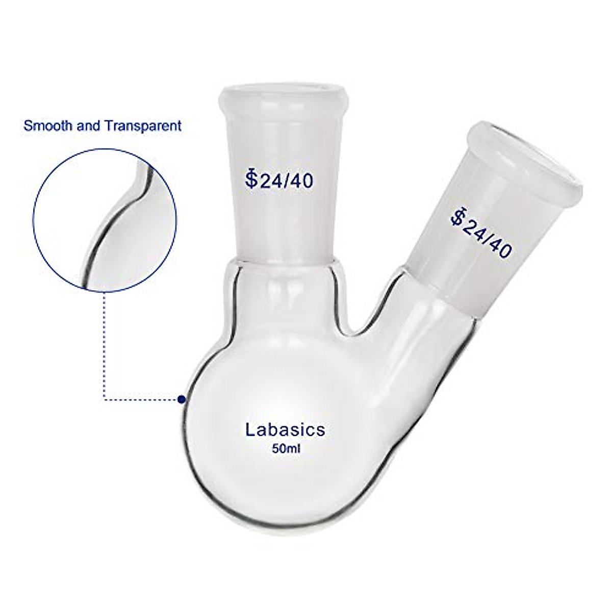 Labasics Glass 50ml 2 Neck Round Bottom Flask RBF, with 24/40 Center and Side Standard Taper Outer Joint, 50ml