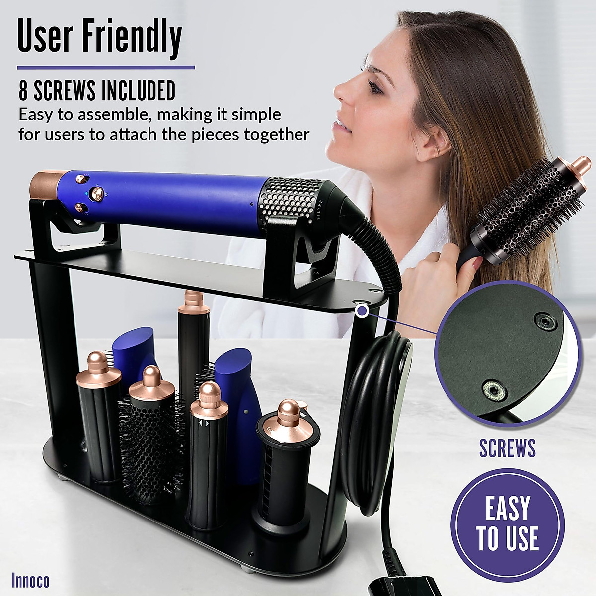 Innoco Countertop Storage Holder, Compatible with Dyson Airwrap Complete Styler, 8 Iron Barrel Brush Slots and Cord Organizer.