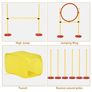 PawHut 4-Piece Dog Agility Training Equipment Doggie Obstacle Course with Tunnel, Hurdle Bar, Hoop, Weave Poles, and Easy Carry Case