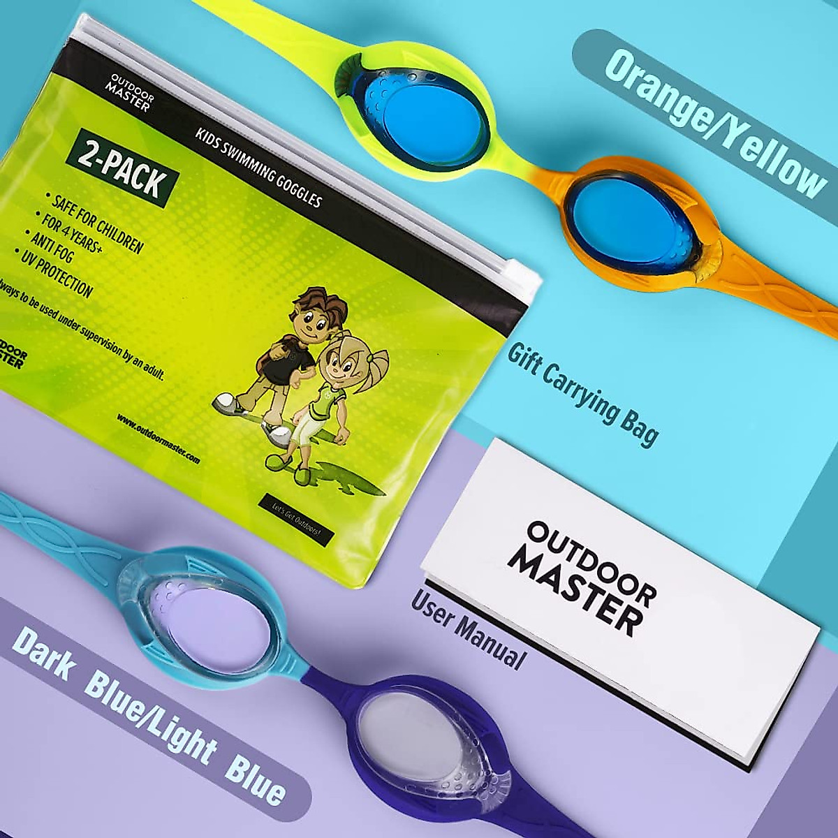 OutdoorMaster Kids Swim Goggles 2 Pack - Quick Adjustable Strap Swimming Goggles for Kids - D