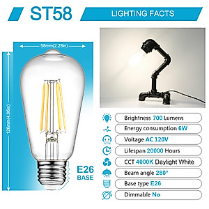 Ascher Vintage LED Edison Bulbs, 6W, Equivalent 60W, High Brightness Daylight White 4000K, ST58 Antique LED Filament Bulbs with 80+ CRI, E26 Medium Base, Non-Dimmable, Clear Glass, Pack of 6