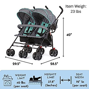 Dream On Me Volgo Twin Umbrella Stroller in Mint, Lightweight Double Stroller for Infant & Toddler, Compact Easy Fold, Large Storage Basket, Large and Adjustable Canopy