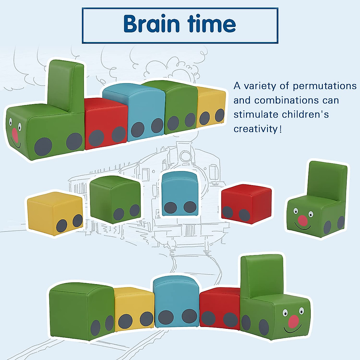 Kinsuite Kids Sofa Set - 5 Pcs PVC Leather Foam Toddler Lightweight Wooden Frame Cartoon Chair & Stools for Nursery School Daycare Kingdom Home Activity Room