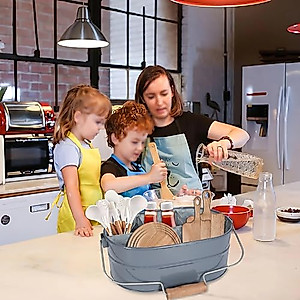 Farmhouse Utensil Caddy with 4 Compartments and Wooden Handle for Flatware, Condiments, Party Cutlery - Galvanized Metal Caddy for Indoor/Outdoor Use - Charcoal