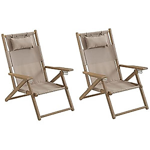 Lavish Home Set of 2 Beach Chairs - Outdoor Weather-Resistant Wood Folding Chairs with Carry Straps and Reclining Seat - Beach Essentials (Taupe)