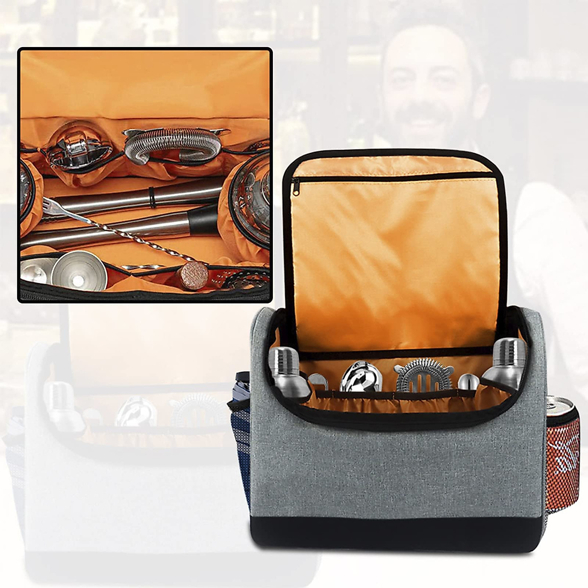 Jaugufiy Canvas Bartender Bag, Portable Travel Carrying,Cocktail Shaker Tool Set Travel Carrying Bag with Handle, Portable Travel Bar Carrier for Bar Kit, Bag Only（Grey）