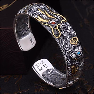 poceton Feng Shui Dragon Fortune Bangle,Green Dragon - White Tiger - Vermilion Bird - Xuanwu - 4 Divine Beasts Pattern Open Bracelet