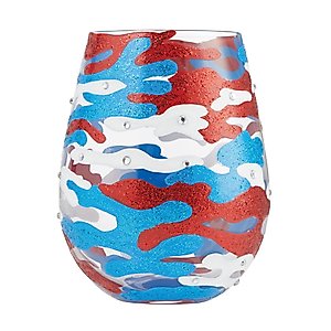 Enesco Designs by Lolita Patriotic Camoflauge Hand-Painted Artisan Stemless Wine Glass, 20 Ounce, Multicolor