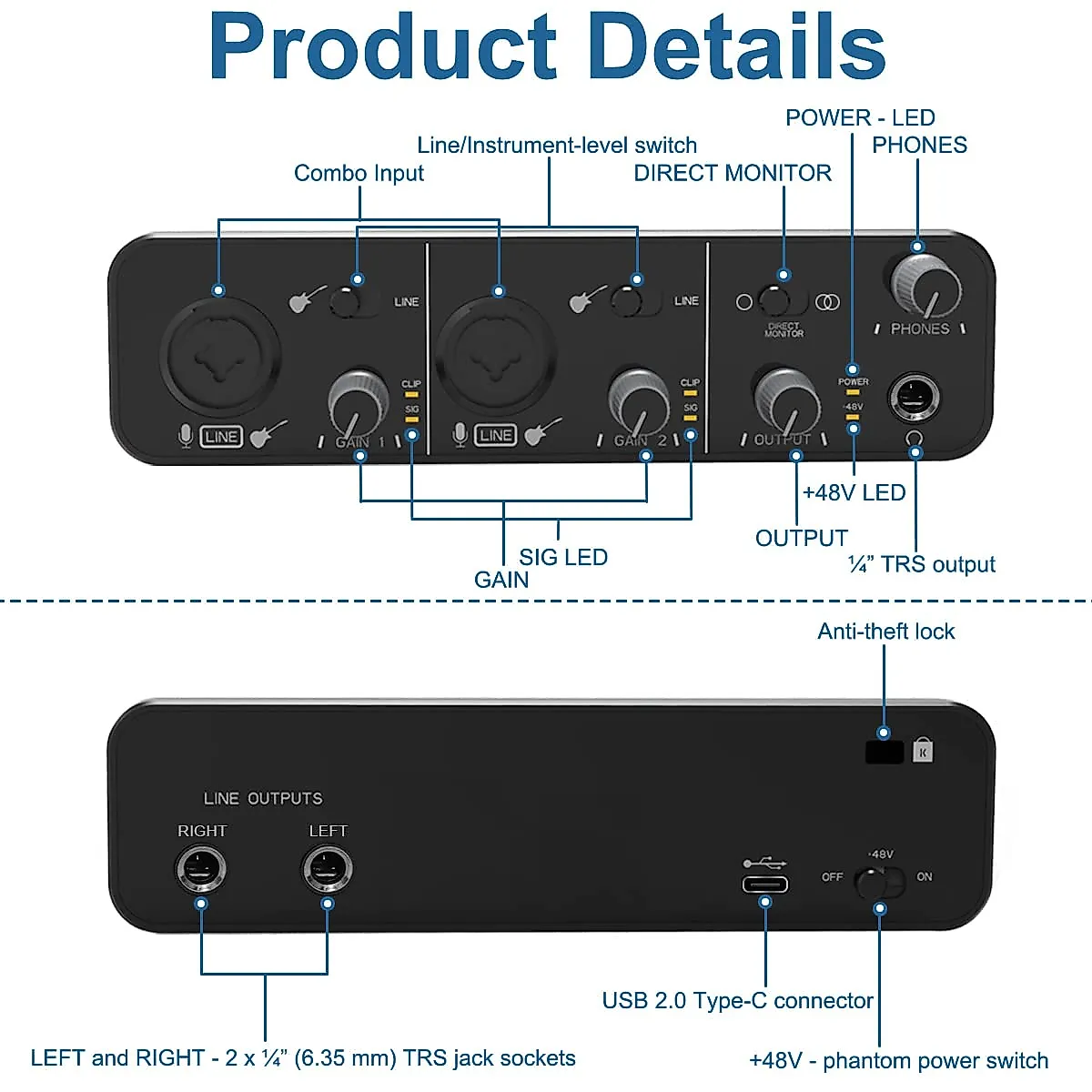 ZUZONG 2i2 Audio Interface Audio Interface USB Microphone Preamps with 48V Phantom Power 24 Bit Support Smartphone/Tablet/Computer and Other Equipment Recording（No DAW Recording Software）