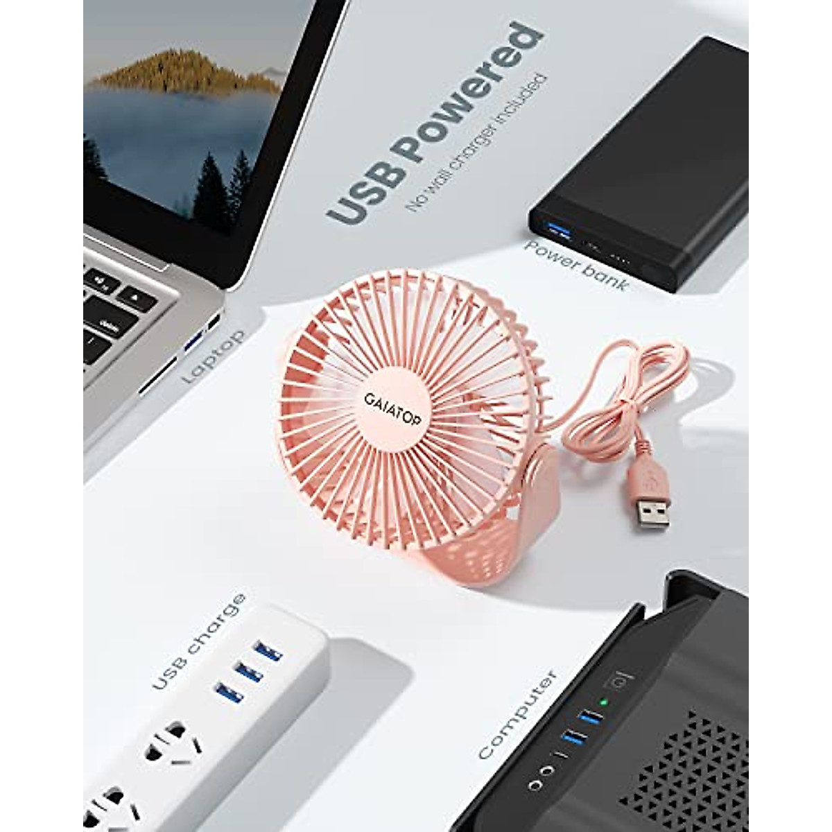 Gaiatop USB Desk Fan, 3 Speeds Portable Small Fan with Strong Airflow, 5.5 Inch Quiet Table Fan, 90° Rotate Personal Cooling Fan For Bedroom Home Office Desktop Travel (Pink)