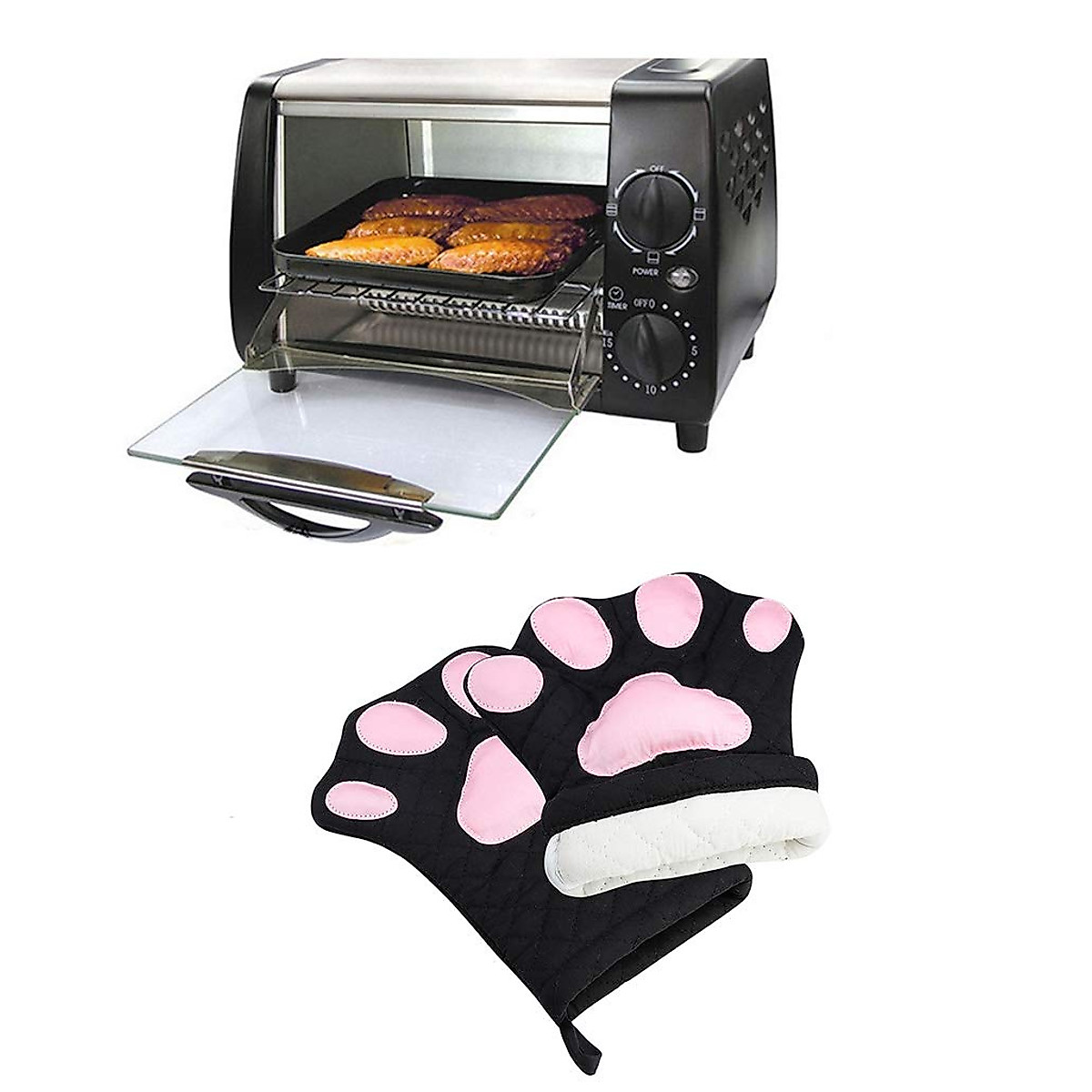 Oven Mitts,Cat Design Heat Resistant Cooking Glove Quilted Cotton Lining- Heat Resistant Pot Holder Gloves for Grilling & Baking Gloves BBQ Oven Gloves Kitchen Tools Gift Set BBQ,Microwave (Black)