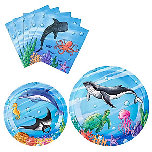 WERNNSAI Ocean Party Plates and Napkins Set - 48 Pcs Ocean Theme Party Decorations for Boys Kids Under the Sea Party Tableware Set for 16 Guests Sea Animal Underwater Birthday Baby Shower Party