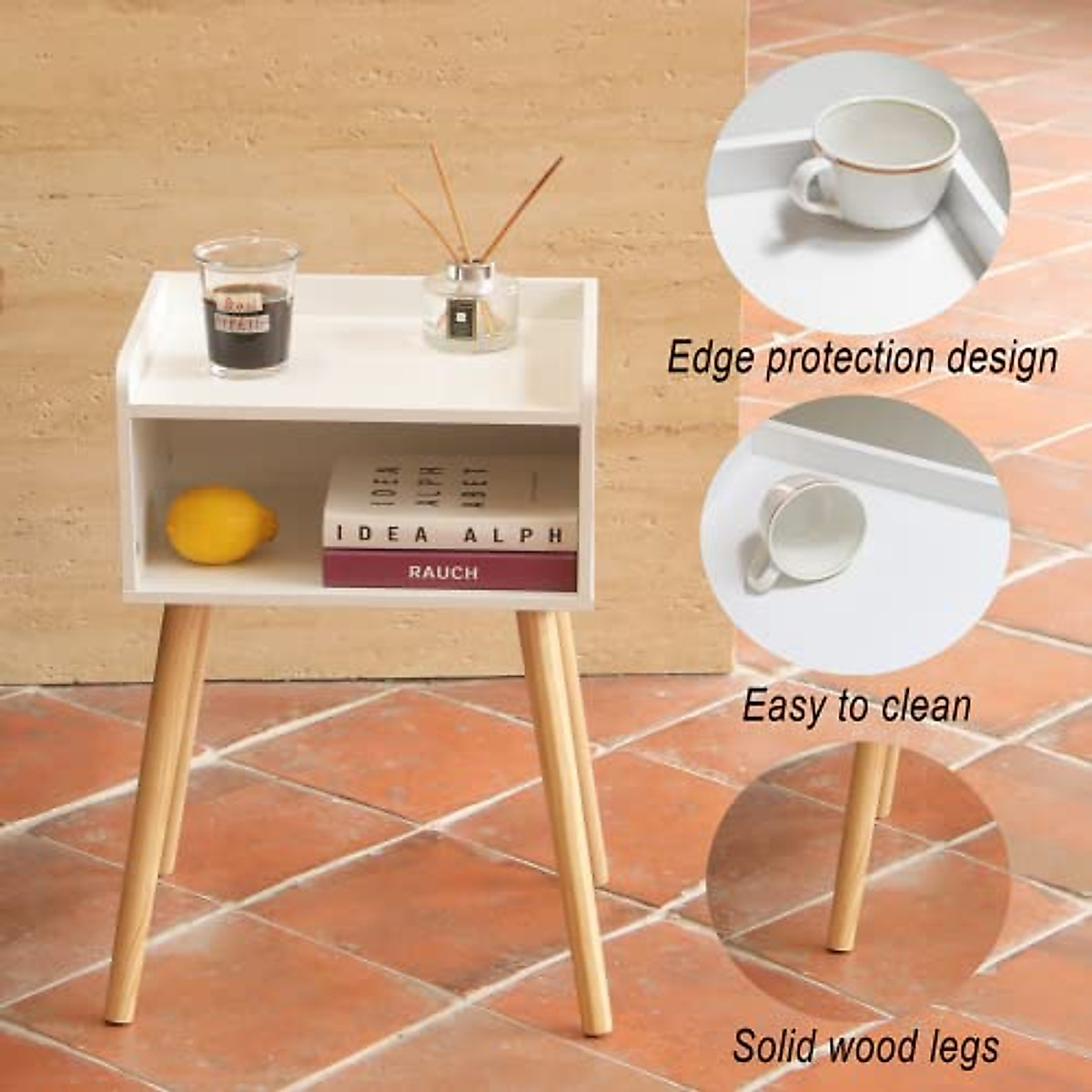 MaxSmeo White Nightstand, Small Bed Side Table for Small Spaces,Mid Century Modern Nightstand End Table with Storage and Solid Wood Legs for Bedroom Living Room(White)