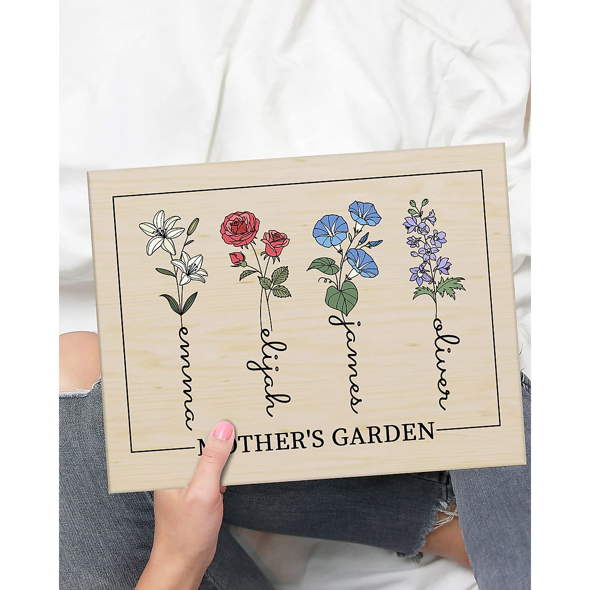 Bohva Personalized Gifts for Mom Wife Birth Month Flower with Name Mothers Garden, Custom Wall Art Print On Wood Mothers Day Anniversary Birthday Gifts from Daughter Son Husband