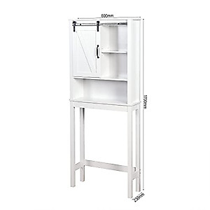 4 EVER WINNER Farmhouse Over The Toilet Storage, 67" Over The Toilet Bathroom Organizer with Sliding Barn Door, Freestanding Bathroom Space Saver Over Toilet with Adjustable Shelf, White
