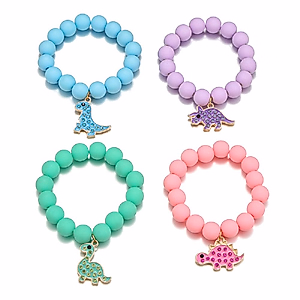 Colorful Enamel Dinosaur Charm Acrylic Beaded Strand Bracelet Set Round Beads for Women Cute Friendship Best Friend Preppy Y2k Party Jewelry-4pcs Dinosaurs