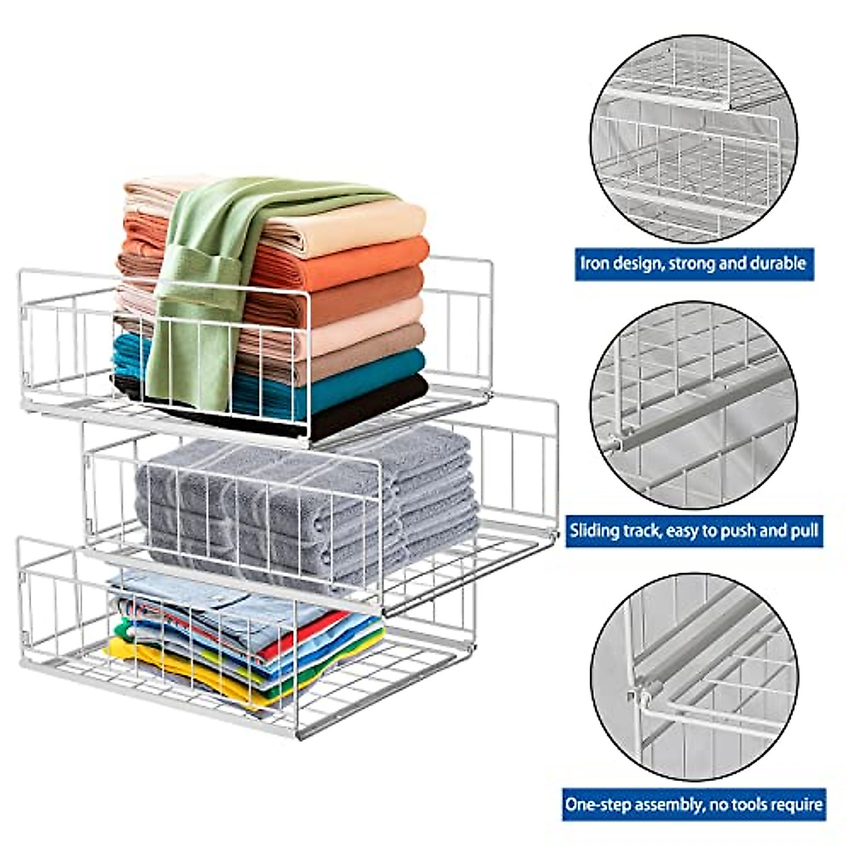3-Tier Sliding Closet Organizers and Drawer,Storage Shelves for Clothes,Collapsible Stackable Storage Baskets Bins,Clothes Organizer Containers Wardrobe Locker, Metal Drawer Shelf,Cupboard Organizer for Clothes(White)