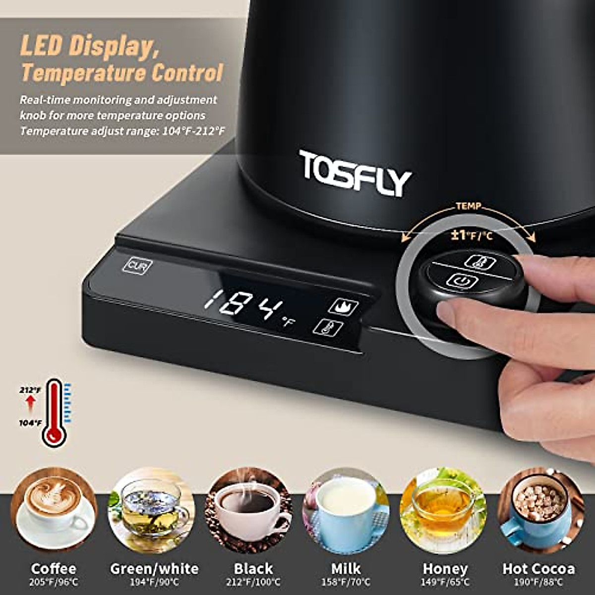 Tosfly Gooseneck Electric Kettle - 1200W 1.0L Pour-Over Kettle with LED Display Stainless Steel Coffee Kettle with Temperature Control Leak-Proof, Automatic Shut Off, Anti-dry Protection Tea Kettle