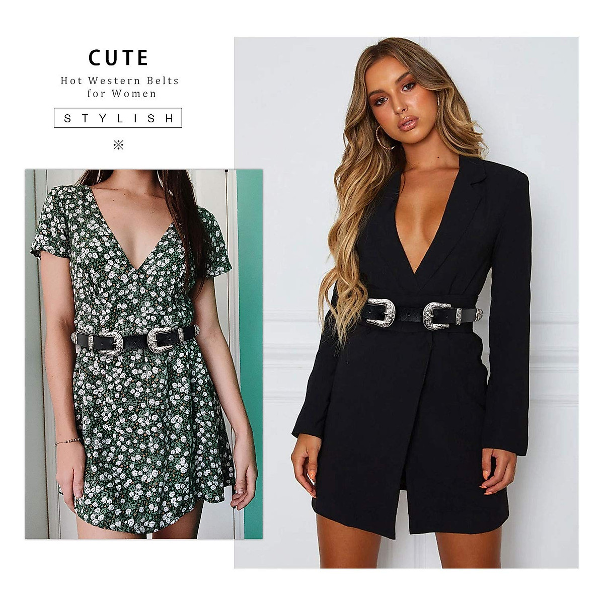 SUOSDEY Western Belts for Women Black Leather Belts for Jeans Dresses with Retro Double Buckle