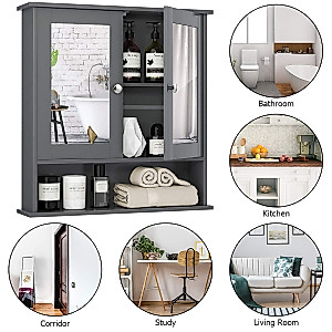 Salches Wall Mounted Bathroom 2 Mirrored Doors, Over-Toilet Hanging w/Shelves, Wooden Storage Organizer Medicine Cabinets, Grey