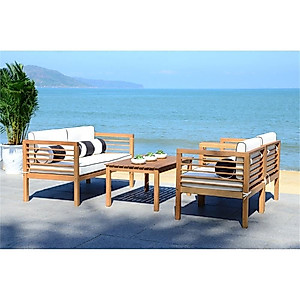 SAFAVIEH Outdoor Collection Alda Natural/ Beige Cushions/ Striped Bolster Pillows 4-Piece Conversation Patio Set