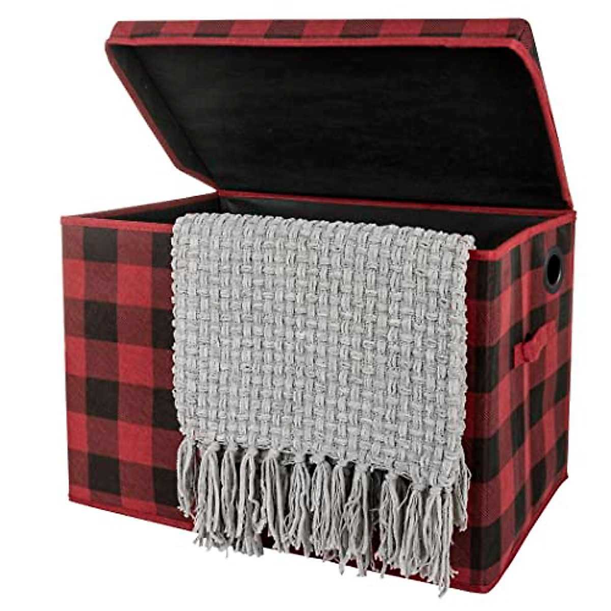 Sammy & Lou Buffalo Check Felt Toy Box; Red, Black; Collapsible; Two Handles; Hinged Lid; 22 in x 14.5 in x 15 in
