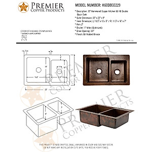 Premier Copper Products K60DB33229 33-Inch Hammered Copper Kitchen 60/40 Double Basin Sink, Oil Rubbed Bronze