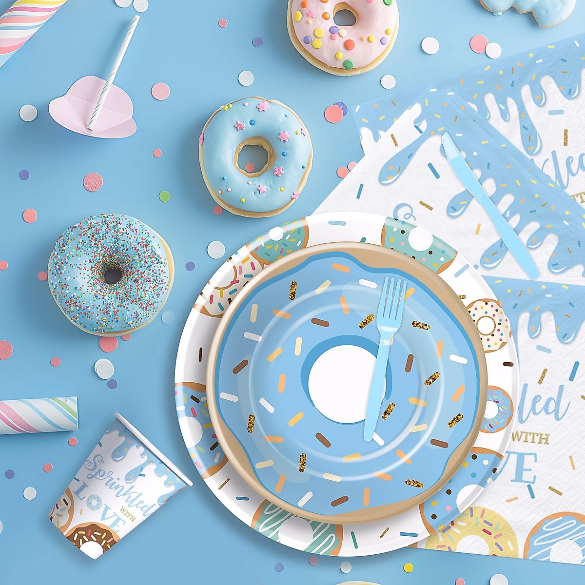 Suhelkit Donut Baby Sprinkle Decorations Tableware For Boy - Sprinkled with Love Baby Shower Decorations Party Supplies, Plate, Napkin, Cup, Cutlery, Blue Donut Baby Shower Decorations | 24 Guests