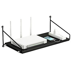 Wisfame Black Floating Shelf for AV Device, Wooden Wall Shelves for Projector, DVD Player, Cable Boxes, Modem, WiFi Router, Wall Mounted Shelf for Living Room, Bedroom, Bathroom (1 Tier)