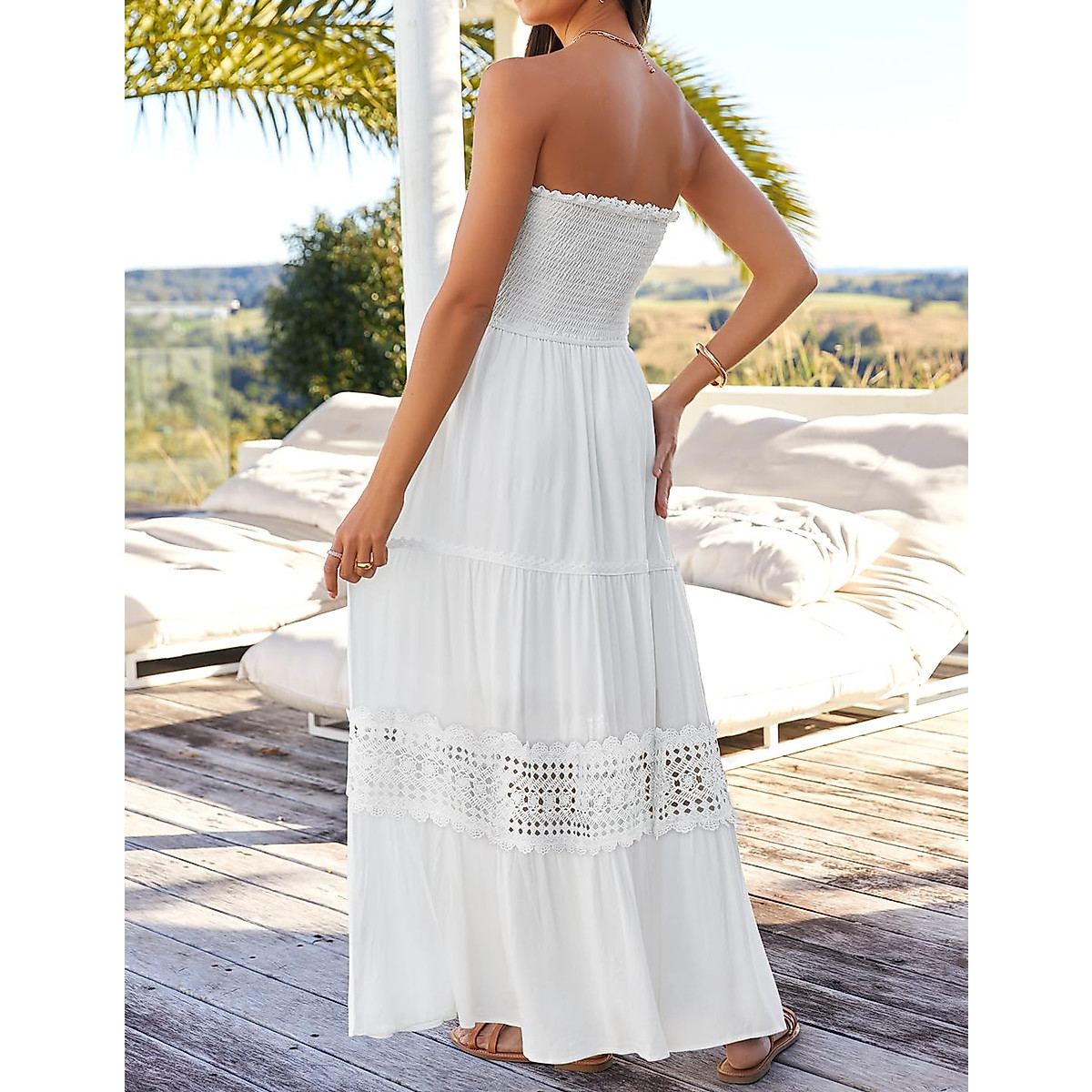 ZESICA Women's 2024 Summer Bohemian Strapless Off Shoulder Lace Trim Backless Flowy A Line Beach Long Maxi Dress,White,Small