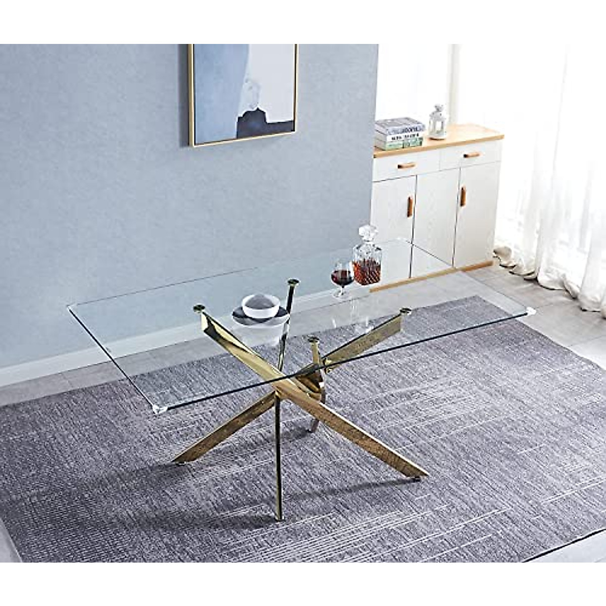 Glass Dining Table for 6 - Dining Room Table with Gold Stainless Steel Legs, 63 inch Rectangular Dining Table Kitchen Table, Modern Dining Table for Kitchen Dining Room, Home Office Furniture