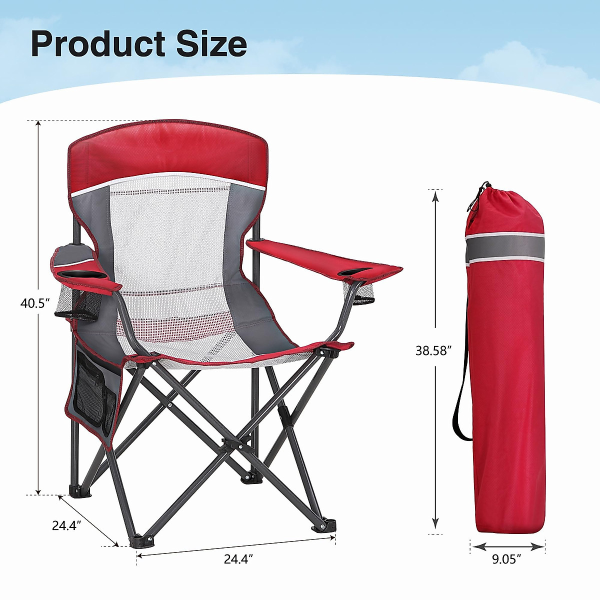 HIGH POINT SPORTS Portable Mesh Back Camping Folding Chair, Portable Camping Chair for Adults, Heavy Duty Fishing Lawn Chair, Padded Collapsible Outdoor Chair for Adults, Outdoor, Garden, Patio, Red