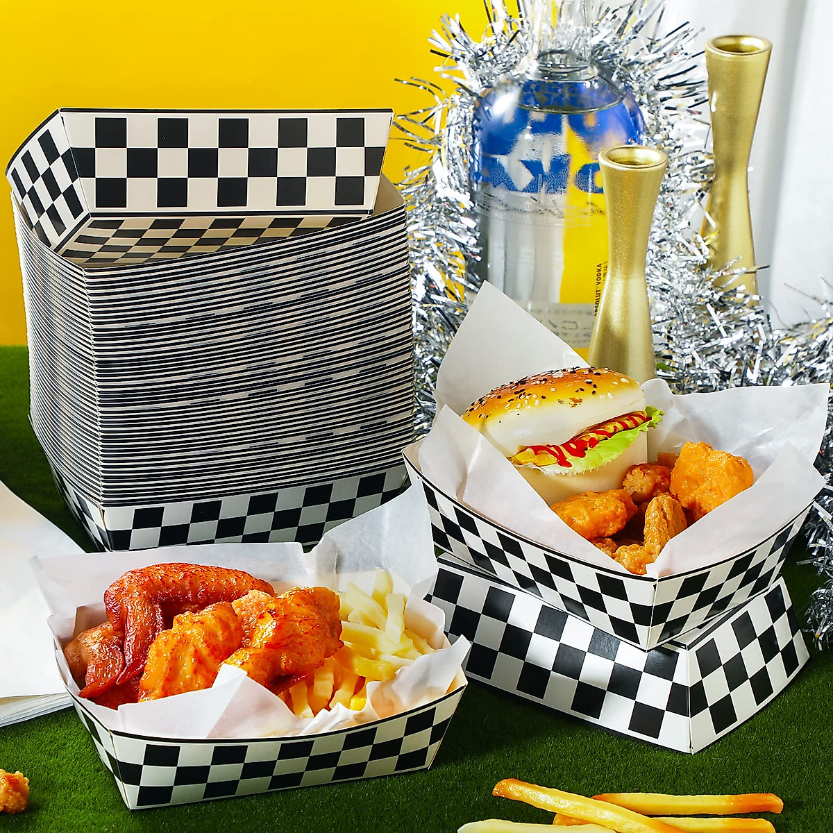 50 Pcs Checkered Paper Food Trays with 50 Deli Liner Disposable Racing Party Food Boat Black and White Plaid Food Serving Tray for Racing Theme Birthday Baby Shower Party Popcorn Nacho Snack Hot Dog