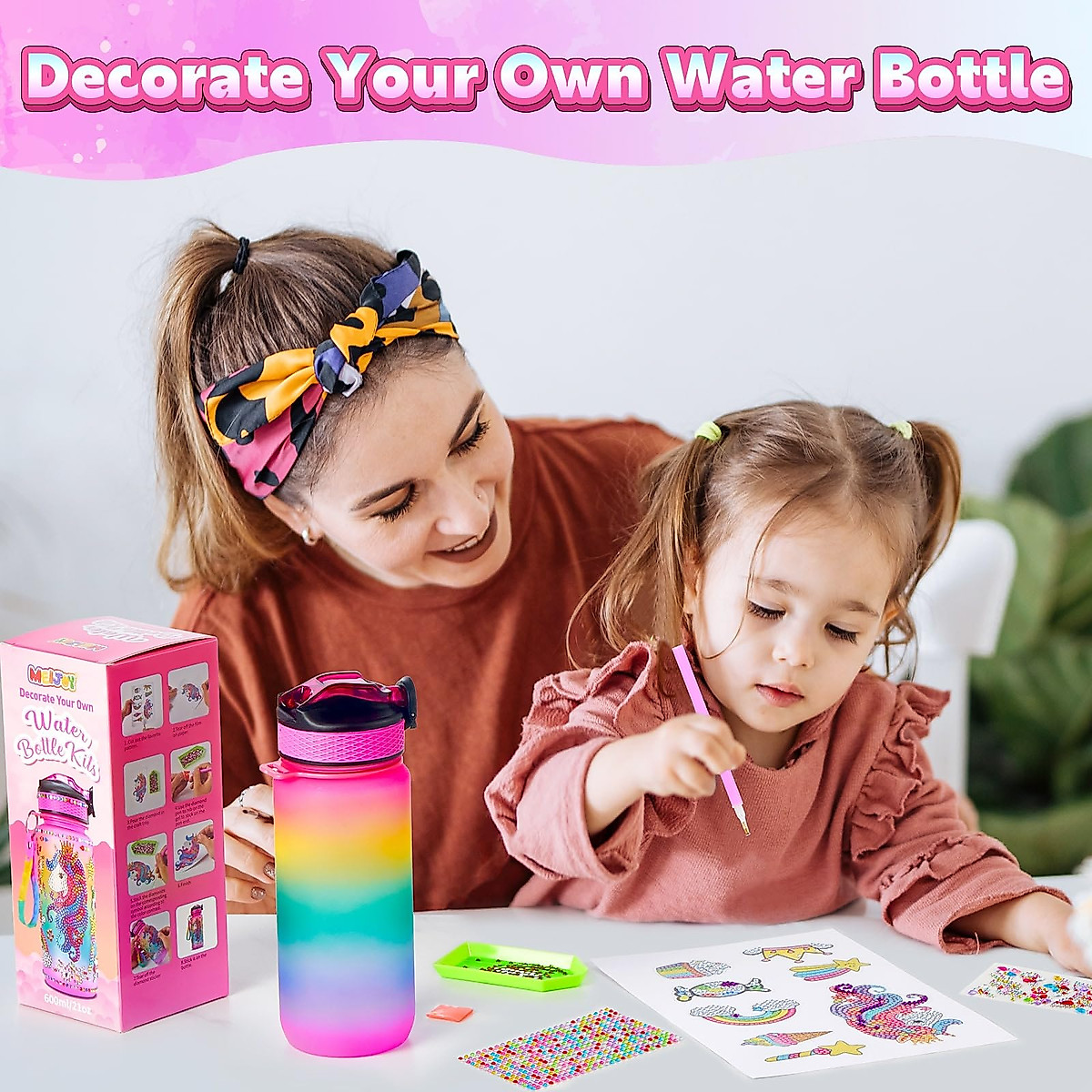 Meijoy Decorate Your Own Water Bottle Kits for Girls - Kids Water Bottle Birthday Gifts for 4 5 6 7 8-12 Year Old Girl DIY Unicorn Birthday Decorations Arts and Crafts for Kids Ages 6-8 Girls