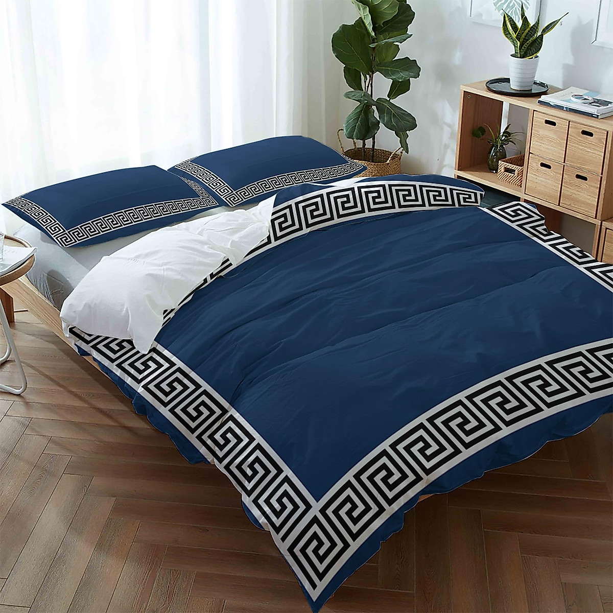 LooPoP Comforter Sets Queen Size Geometric Greek Key Design Soft Bedding Duvet Cover Sets 3 Pieces Navy Blue Bedding Set with Comforter Quilt Cover and 2 Pillow Cases Bedroom Decor