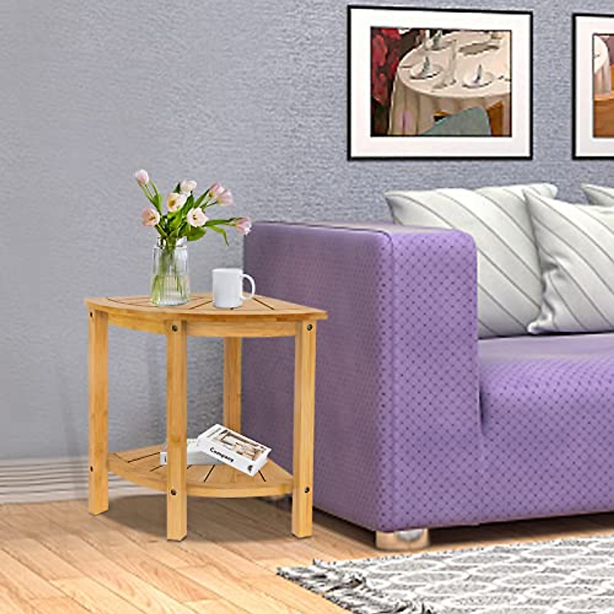 16" Bamboo Corner Shower Bench with Shelf, Corner Shower Stool for Shaving Legs, Shower Foot Rest Stool, Waterproof Wood Storage & Seat for Bathroom, Shower, Spa, Sauna, Shower Stool for Inside Shower