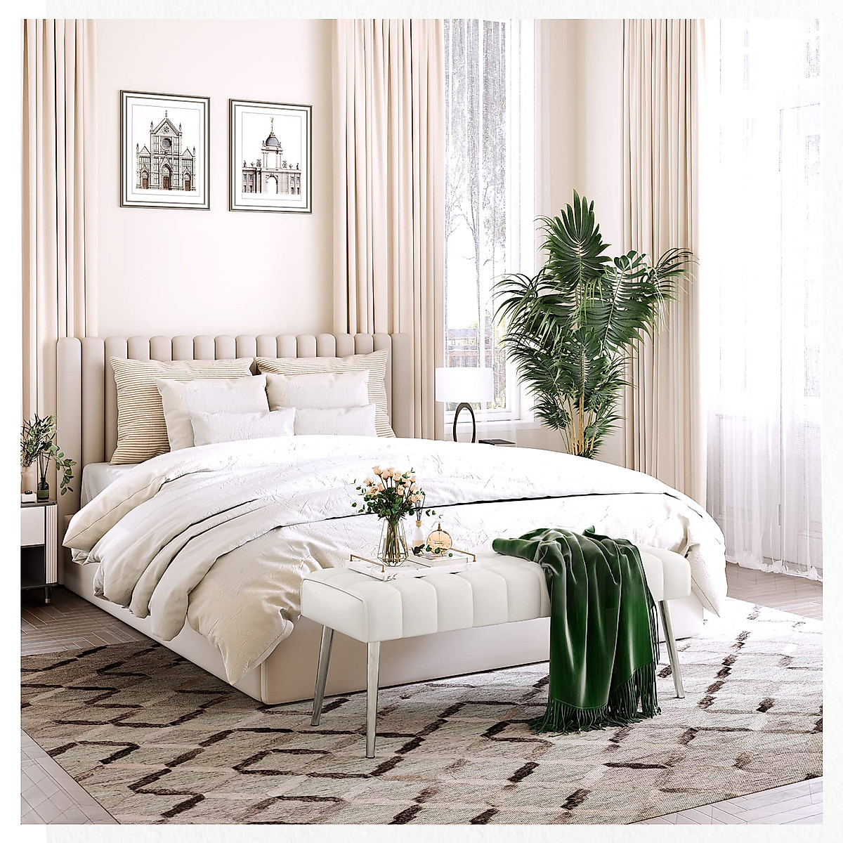 LUE BONA 44.5” End of Bed Bench, Faux Leather Tufted Upholstered Bedroom Bench, Modern Ottoman Bench with Metal Legs Storage for Living Room, Dining Room, 300LB, Beige