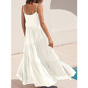ANRABESS Women’s Summer Casual Loose Sleeveless Spaghetti Strap Tiered Asymmetric Beach Maxi Long Dress 523bai-L White