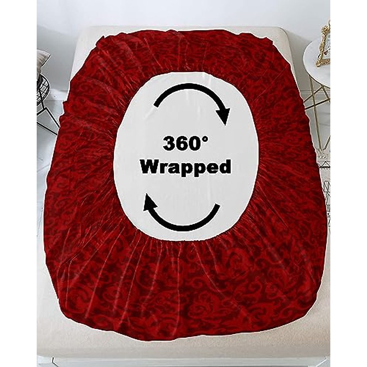 Full Size Fitted Sheet Bed Set Merry Christmas Leaves on Red Deep Pocket Soft Bottom Sheets&Pillowcases for Bedroom Decor Abstract Foliage Texture,Fits Mattress Up to 16" Deep