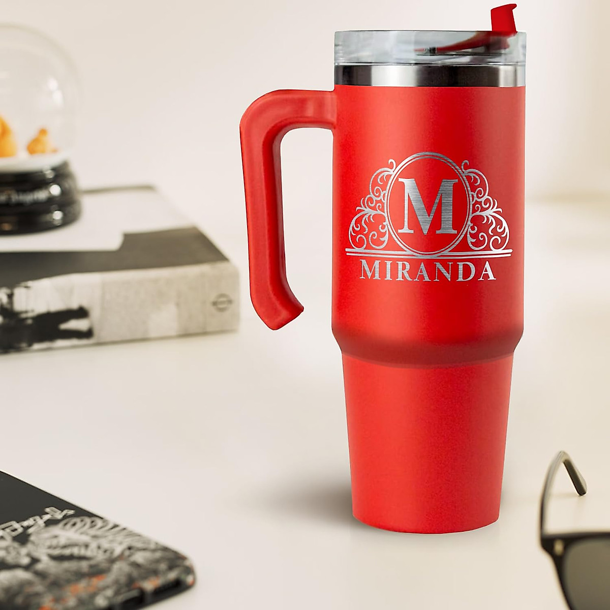 Personalized 30 oz Travel Mug - Elaborate Circle Monogram - Red Custom Engraved Cup with Handle Vacuum Insulated Tumbler Birthday Gift for Women, Men, Beer and Drinks