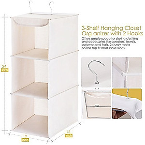 MaidMAX 3 Tiers Cloth Hanging Shelf for Closet Organizer with 2 Metal Hooks, Foldable, Beige, 24 Inches High