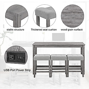 LKTART 4 Piece Bar Table Set Dining Bar Table and Chairs Set with Power Outlet Industrial Breakfast Table with 3 Padded Stools Rustic Bar Kitchen Dinning Room Living Room Grey