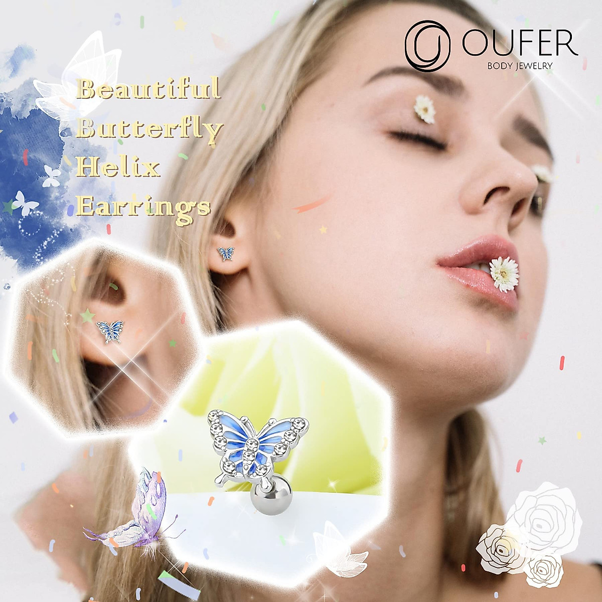 OUFER 16G Helix Earrings, 316L Stainless Steel Tragus Earring Studs, Blue Butterfly Elements Paved Shiny Clear CZ Cartilage Earrings, Flower Helix Piercing Jewelry