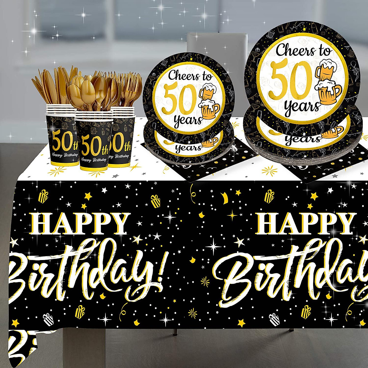 50th birthday decorations for men women - cheers to 50 years black gold Birthday supplies, Plates and Napkins, Cups, Knives, Forks, Spoons Included, tablecloth, Tableware for 24 Guests,Total 169pcs