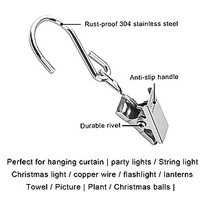 50 PCS S Hooks Curtain Clips Stainless Steel S Hooks Clip Lamp Hook Silver Metal Hanging Clips Hooks for Home Decoration, Outdoor Party Hanging Wire Holder Art Craft Display