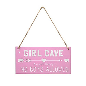 Utuichuo Girl Cave Sign Girls Bedroom Decorations, Hanging Wooden Door Sign for Teen Girl Kids Bedroom Living Room Wall Decor, No Boys Allowed Sign