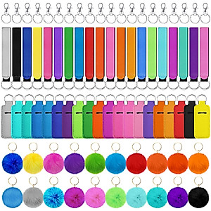 Tudomro Keychain Lip Balm Holder Set Include Lipstick Holder, Colorful Keychain Wristlet Lanyard, Fluffy Ball Pom Accessory and Metal Keychains for Purse Handbag (Bright Color, 20 Sets)