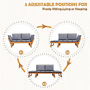 Greesum Patio Convertible Couch Sofa Bed with Adjustable Armrest, Acacia Wood Outdoor Daybed with Cushion & Pillow, Folding Chaise Lounge Bench for Porch Courtyard Poolside，Gray