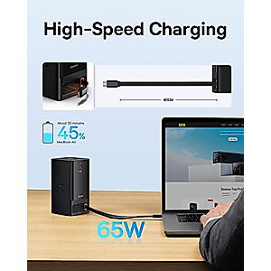 USB C Charger Baseus PowerCombo Tower 65W, 6-in1 Charging Station with Retractable USB-C Cable, 3 Outlets, USB A USB C Ports, Surge Protector Power Strip for MacBook, iPhone, Laptop, Multiple Devices