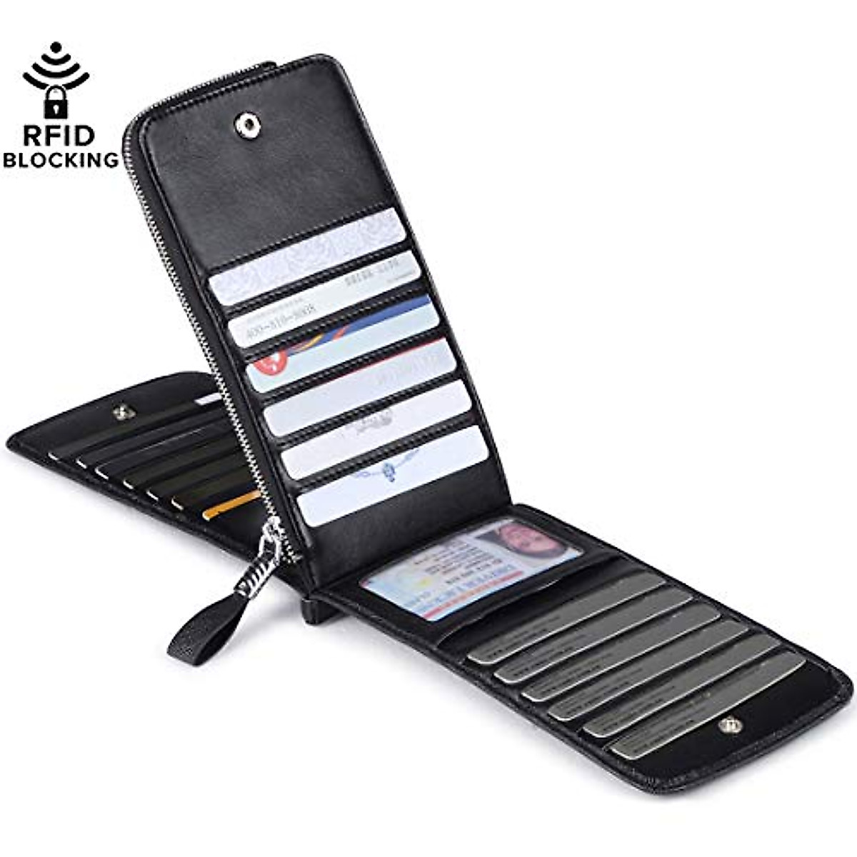 Huztencor Women's Credit Card Holder RFID Blocking Leather Multi Card Organizer Wallet Slim Long Zipper Bi-fold Business Card Case Clutch Wallet with ID Window Black (FBA)